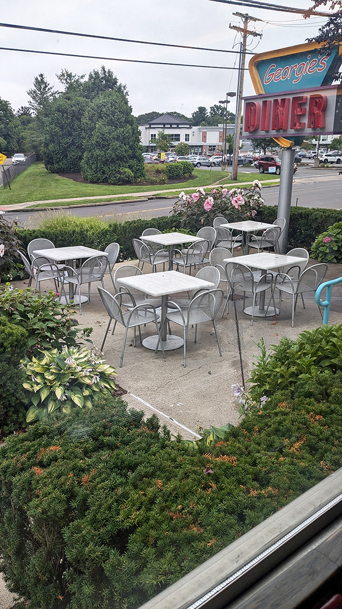 The outdoor patio at Georgie's offers al fresco dining with a side of people-watching and Connecticut charm.