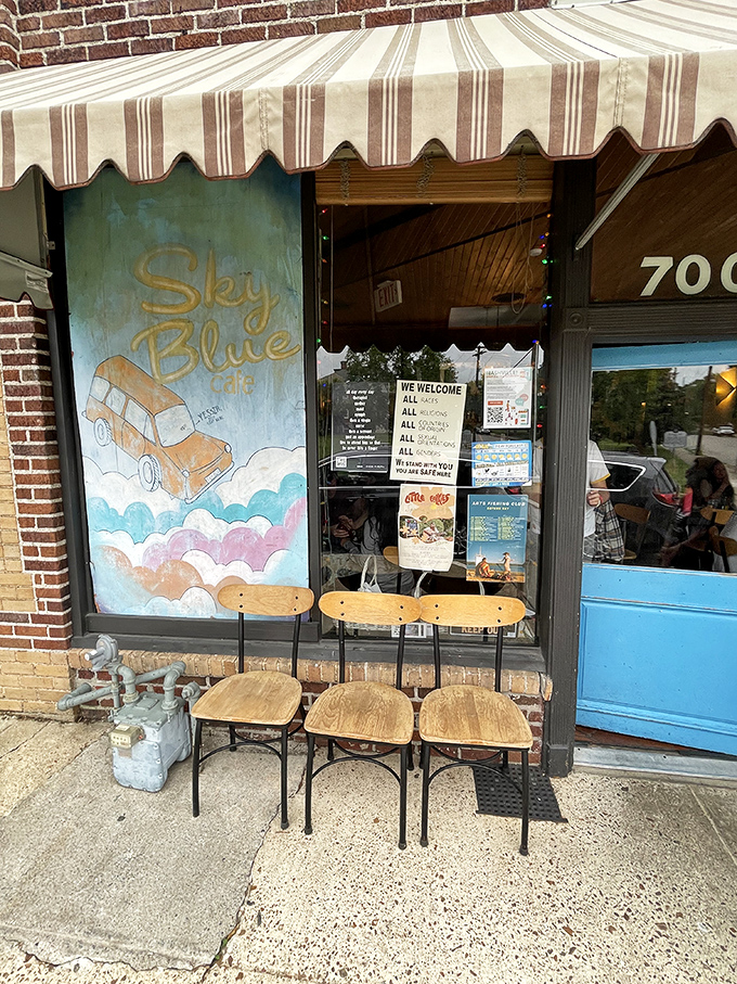 That whimsical mural of a truck floating on clouds perfectly captures the slightly surreal joy of finding your perfect breakfast spot.
