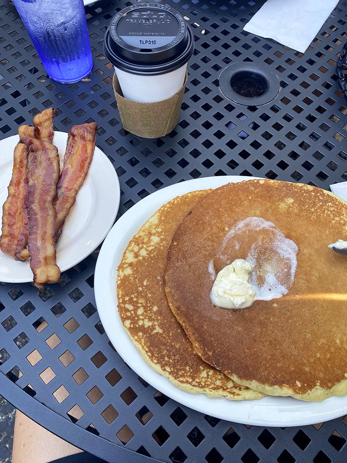 Golden pancakes with a side of bacon that's achieved that perfect crispy-yet-chewy texture. Breakfast doesn't need to be complicated to be transcendent.