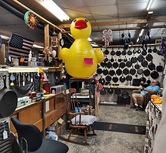 The giant inflatable duck presides over a kingdom of cast iron skillets&mdash;the unofficial mascot of unexpected flea market finds.