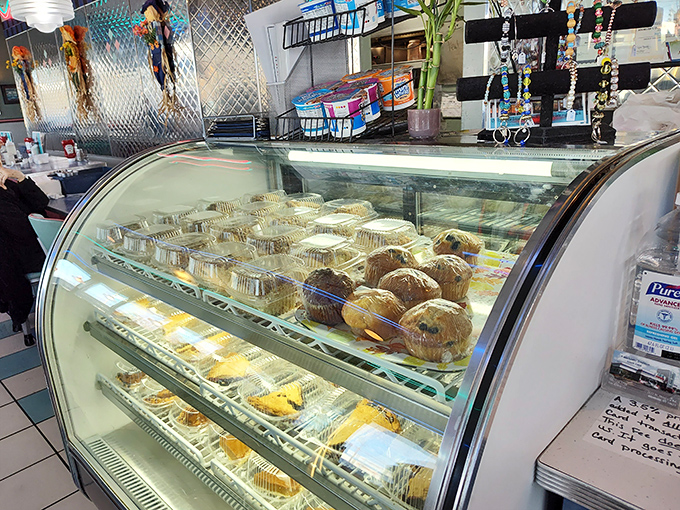 The pastry case stands as a glass-enclosed museum of temptation, where willpower goes to die a deliciously sweet death.