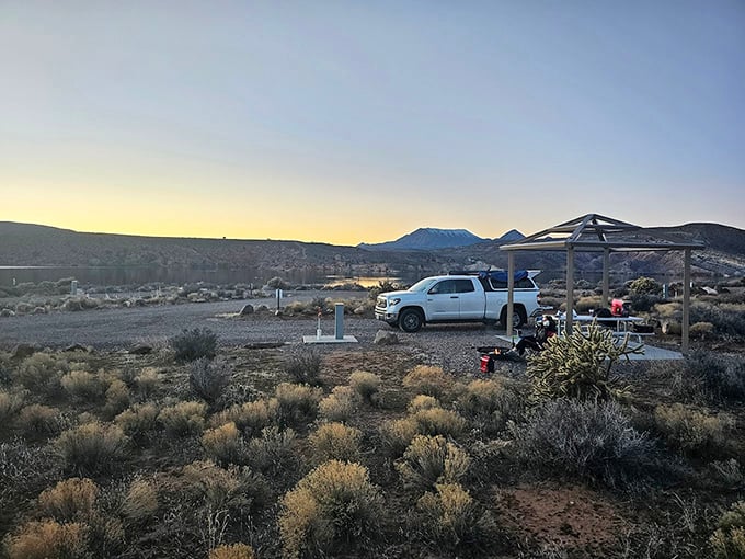 Sunset camping with a million-dollar view. This simple picnic shelter offers front-row seats to nature's nightly color show over Gunlock Reservoir.