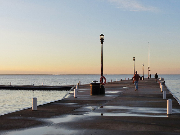 The iconic Lakeside pier stretches toward the horizon, inviting evening strollers to walk just a little farther from shore.