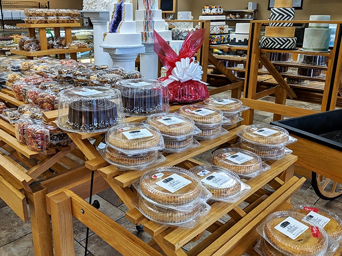 A treasure trove of pies and pastries arranged like a delicious library. Knowledge never tasted so sweet!