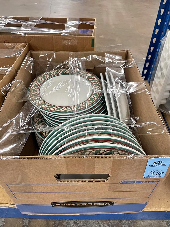 Dishes stacked with military precision &ndash; enough place settings to host Thanksgiving for your entire extended family, second cousins included.