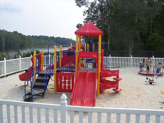 Even paradise needs a playground! Little adventurers take a break from swimming to conquer this colorful fortress.