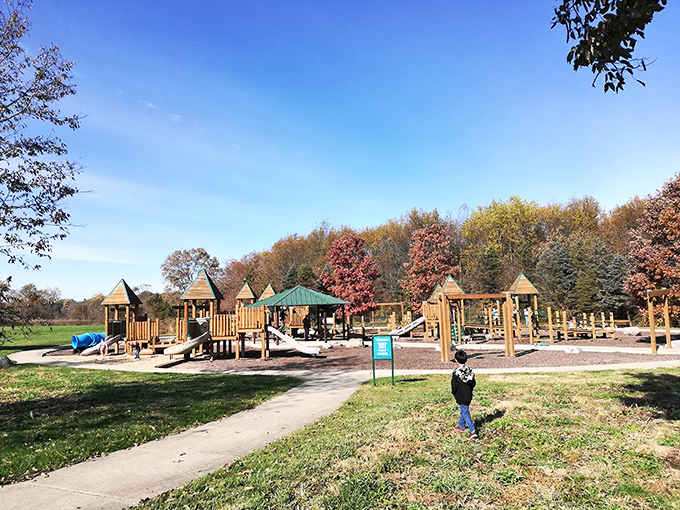 Childhood joy finds its perfect expression in this playground where little adventurers can burn energy while parents enjoy autumn's colorful display.