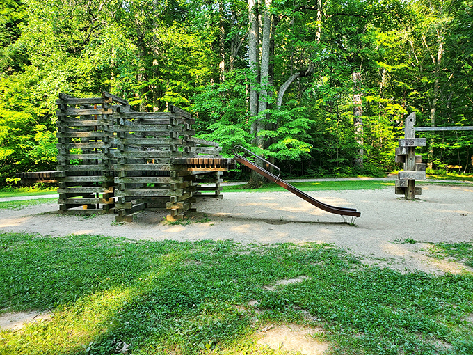 Rustic playground where kids can pretend they're pioneers instead of swiping screens. Old-school fun in the best possible way.