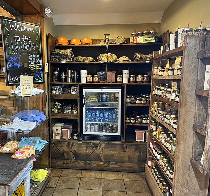 Local products and treats fill these shelves, turning your dining experience into a mini shopping adventure for Tennessee-made goodies.