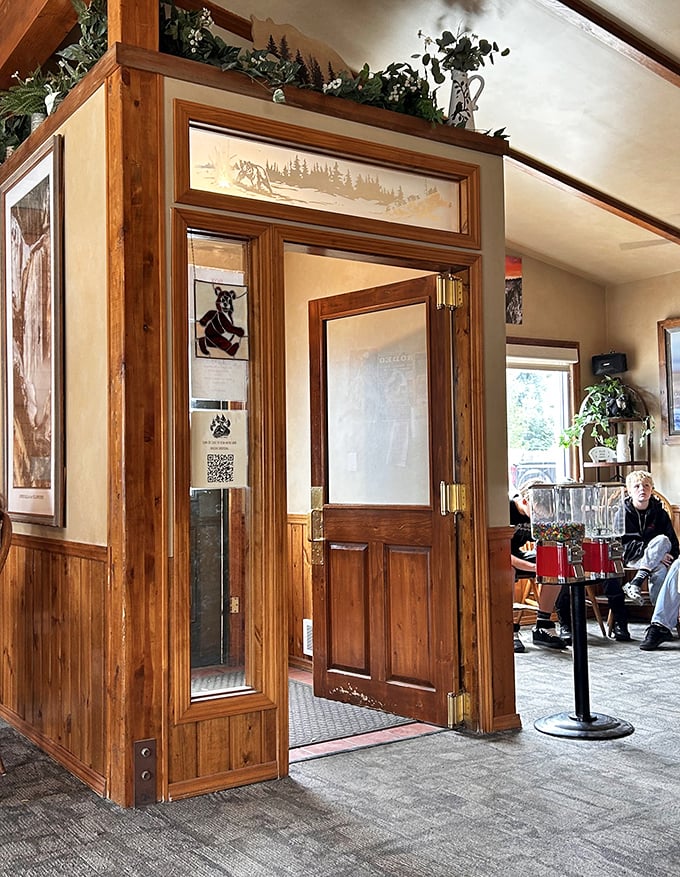 The wooden entrance feels like stepping into a cozy Montana cabin, where breakfast dreams come true and calories don't count.