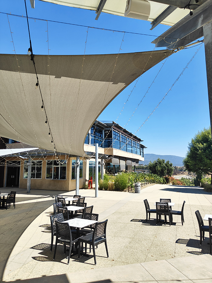 Canvas sails provide merciful shade for alfresco dining, where every table offers vineyard views worthy of a magazine spread.