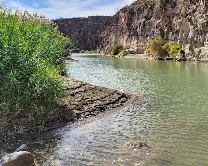 The river's gentle curve creates a perfect reflection spot, where canyon walls admire themselves in nature's mirror.