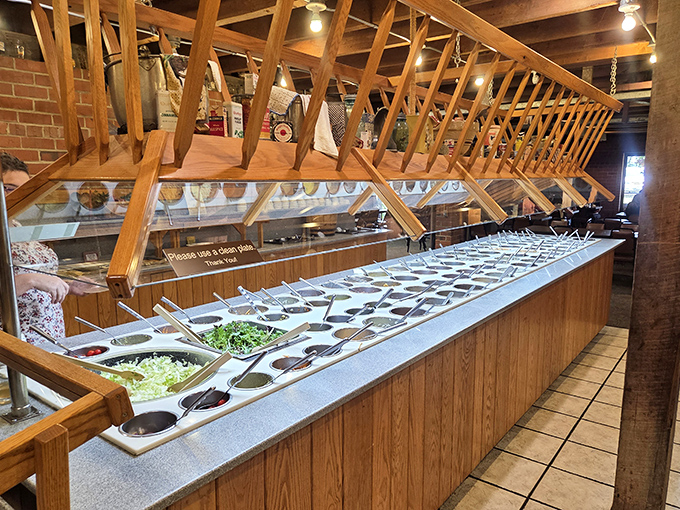 An impressive salad bar stretches beneath rustic wooden beams&mdash;proof that "all-you-can-eat" and "quality" can happily coexist.