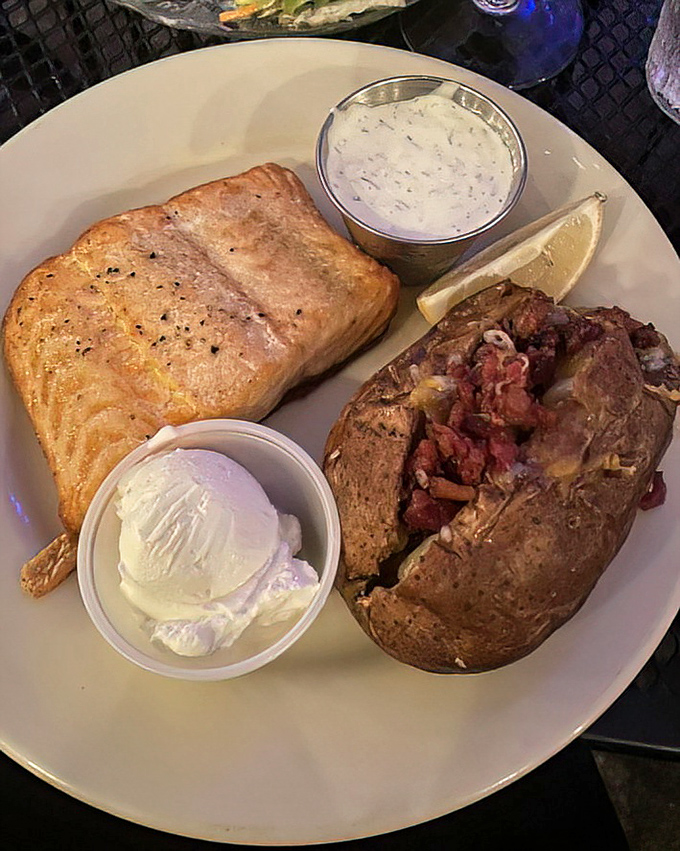 Salmon and a loaded baked potato&mdash;the dynamic duo of supper club entr&eacute;es, fighting the good fight against hunger one plate at a time.
