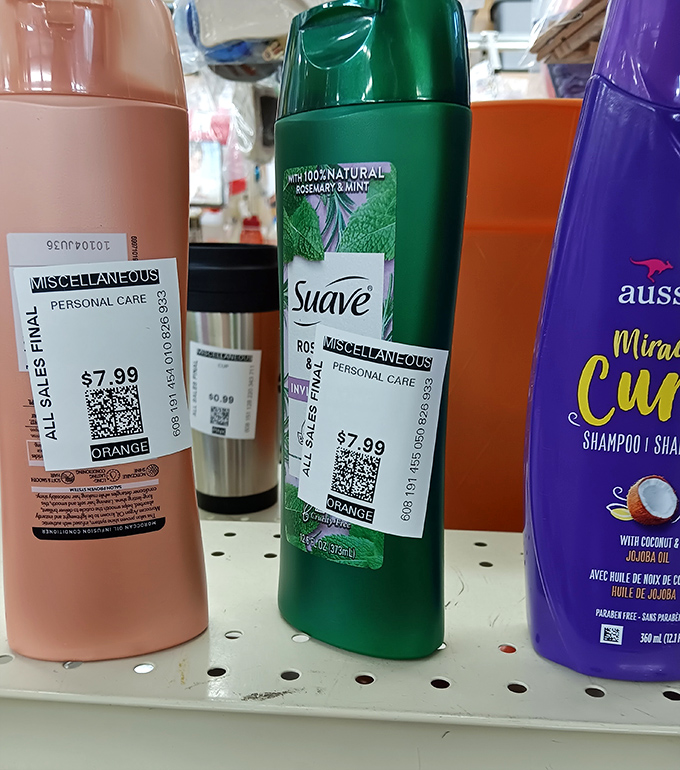 Personal care products with orange tags await new bathroom homes. Even shampoo gets a second act in the circular economy of the outlet store.