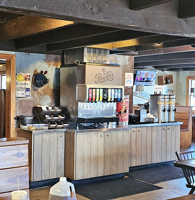 Old-school soda fountain meets Southern hospitality at the self-serve drink station, where sweet tea flows like liquid sunshine.