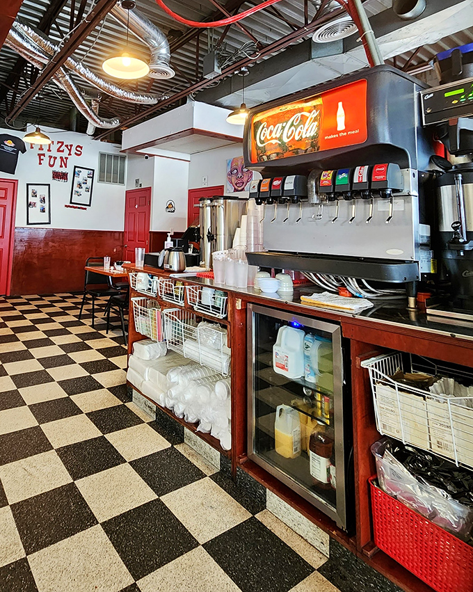 The soda fountain and self-service station harken back to simpler times, when Coca-Cola came in glass bottles and tasted like summer.