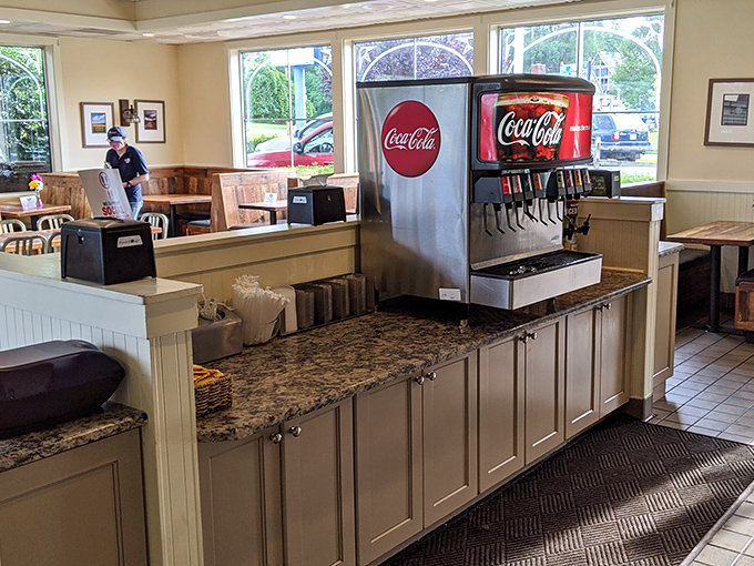The self-service station stands ready for your beverage needs. Because great burgers demand equally great drink companions.