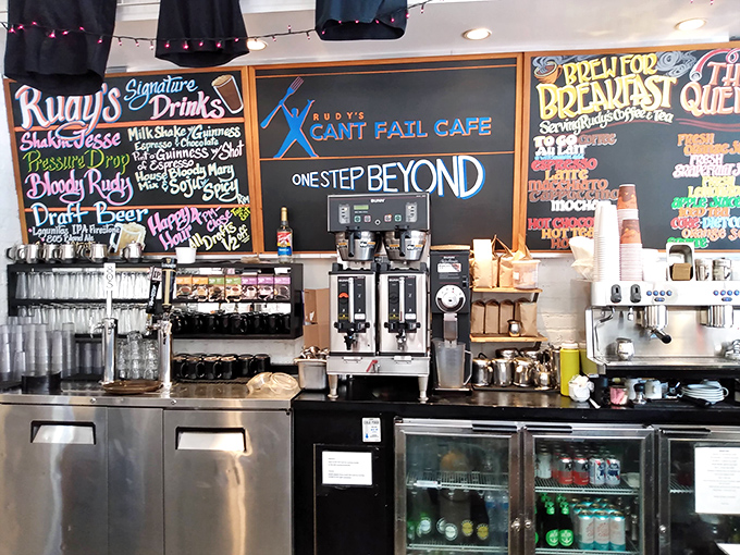 The counter where breakfast dreams come true. That chalkboard menu is basically a roadmap to happiness.