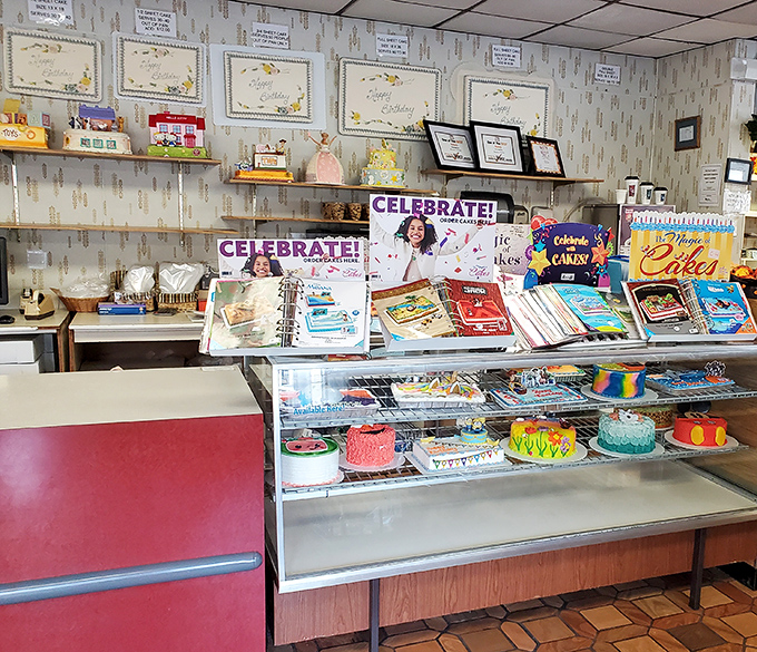 The celebration station &ndash; where cake catalogs and sample displays turn ordinary Tuesdays into potential parties.