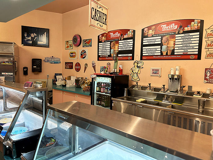The ice cream counter looks like it was teleported straight from 1955, complete with the promise of brain freeze and childhood nostalgia.