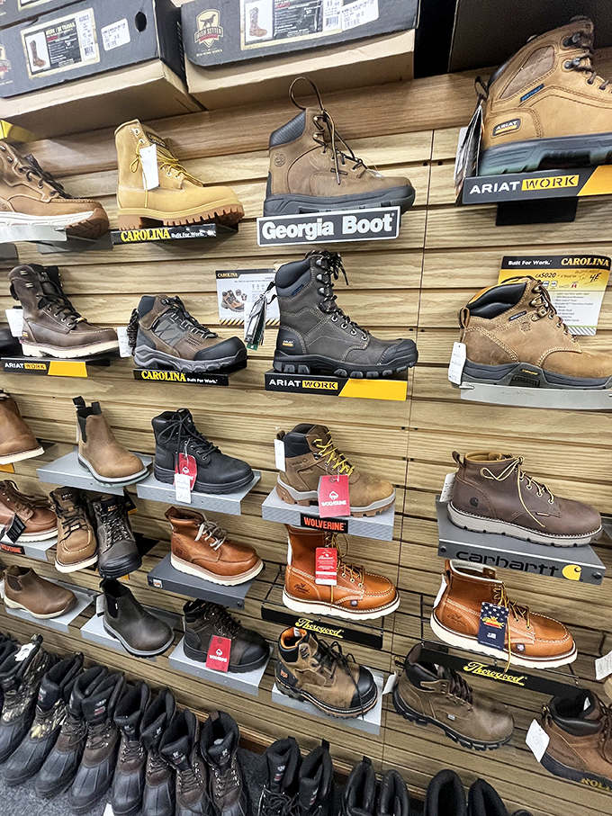 Georgia Boot, Ariat, Carolina, and Carhartt work boots line up like soldiers ready for serious duty.