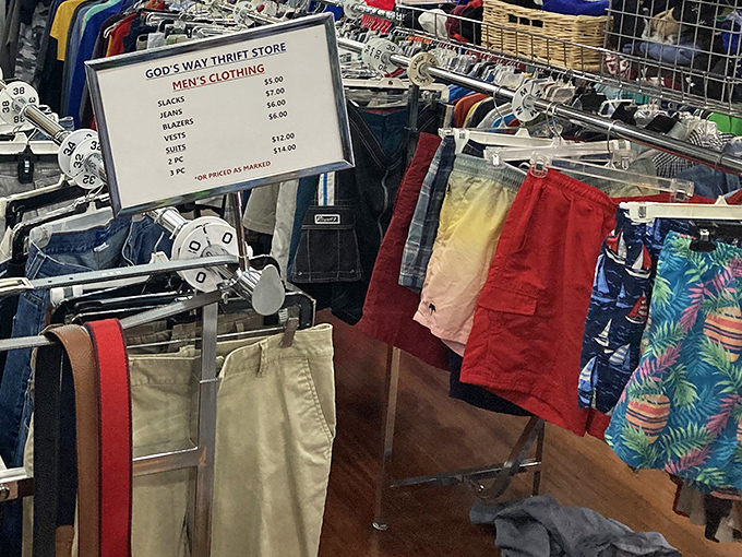 Summer essentials hang ready for their next adventure, with prices clearly marked and bargains waiting to be discovered.