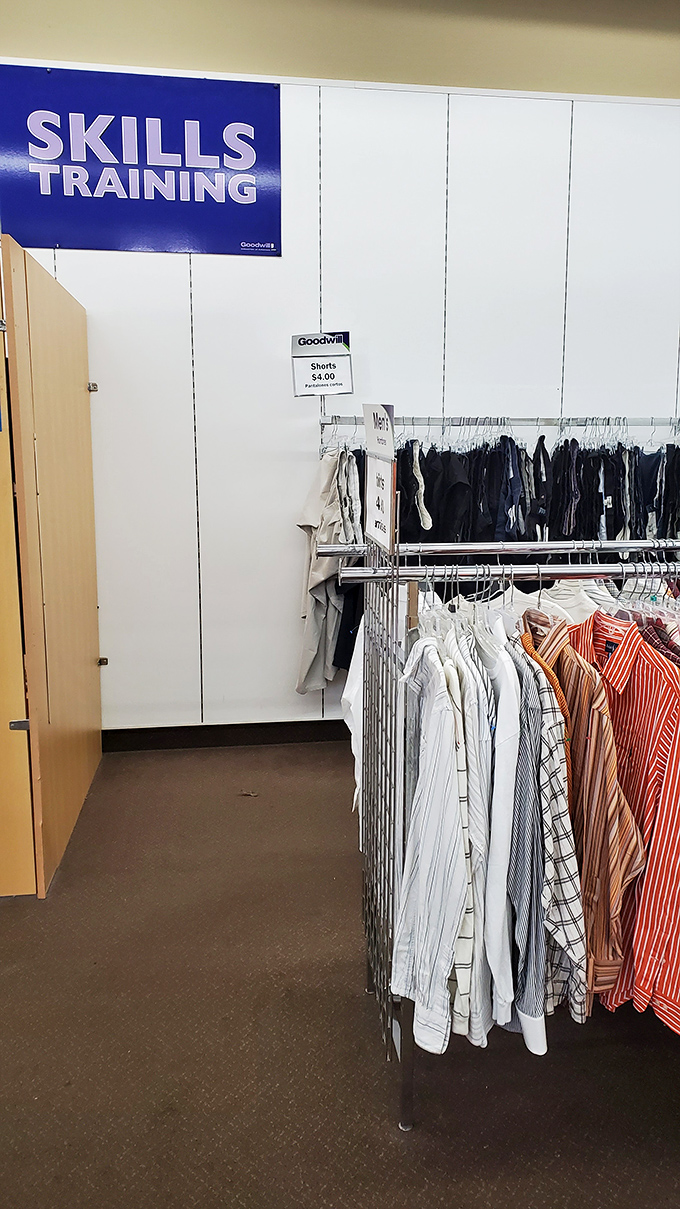 Dress shirts hang neatly under the "Skills Training" sign, ready to outfit someone for their next career opportunity.
