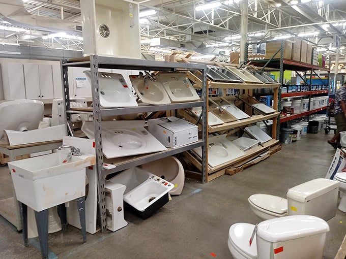 The bathroom fixture section stands ready to rescue your renovation project with sinks and toilets that have plenty of life left in them.