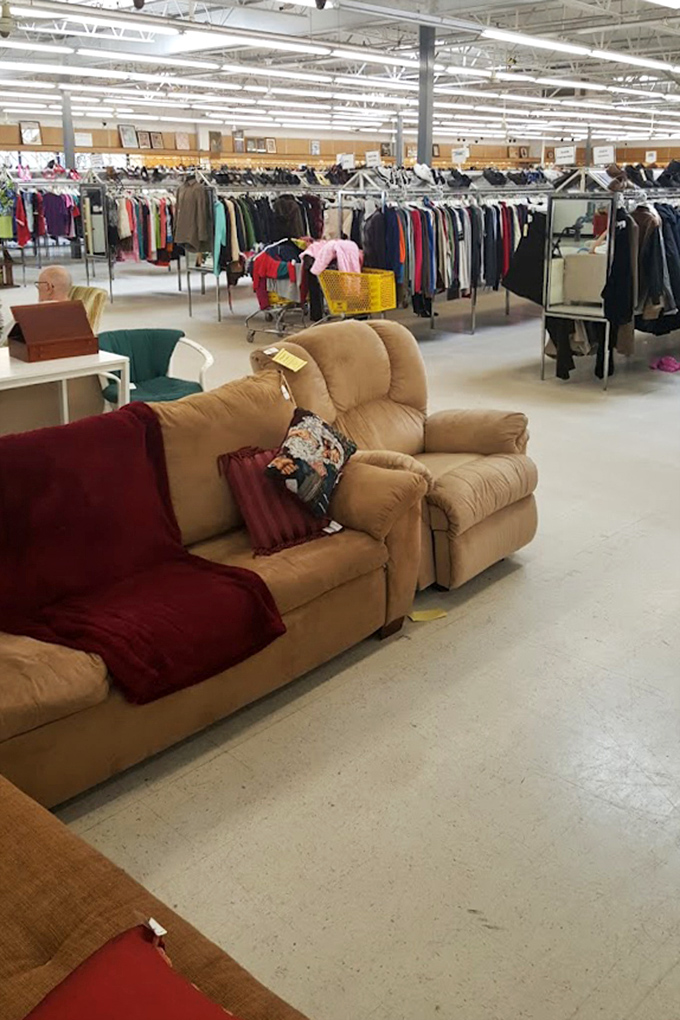 Comfortable seating options create an impromptu living room in the middle of the store&mdash;test before you invest!