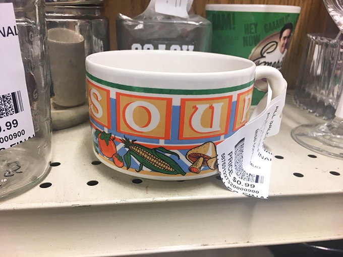 A colorful soup mug that's probably seen more dinner parties than most of us have attended in our lifetimes.