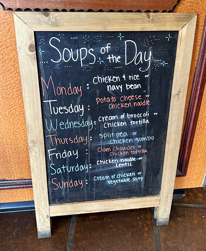 The soup schedule chalkboard &ndash; a weekly calendar that gives you legitimate reason to visit Keno's seven days straight.