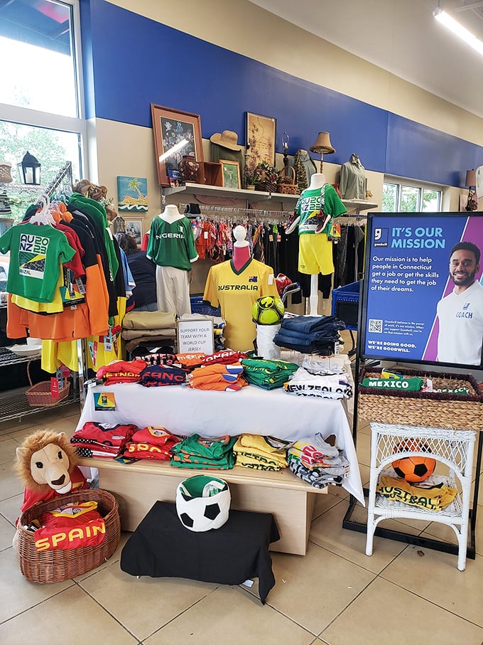 From international soccer jerseys to sports memorabilia, the themed display celebrates global athletics while supporting local communities.