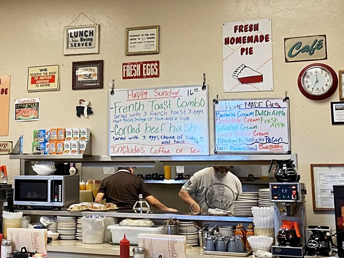 The whiteboard specials menu is like a handwritten love letter to hungry patrons. "French Toast Combo" written in blue marker never looked so enticing.