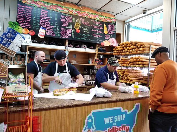 The sandwich assembly line in action—these guys have made more masterpieces than Michelangelo, and they're just as dedicated to their craft.
