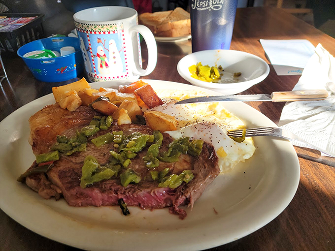 Steak and eggs with green chile – the breakfast that says, "Today is important, and you're going to need serious fuel to conquer it."