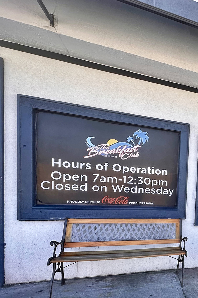 Hours posted like a friendly warning: arrive between 7am-12 or face the consequences of missing out on breakfast nirvana.