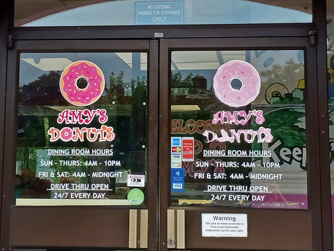 The front doors tell the truth: Amy's keeps donut hours, not banker's hours, because cravings don't check the clock.
