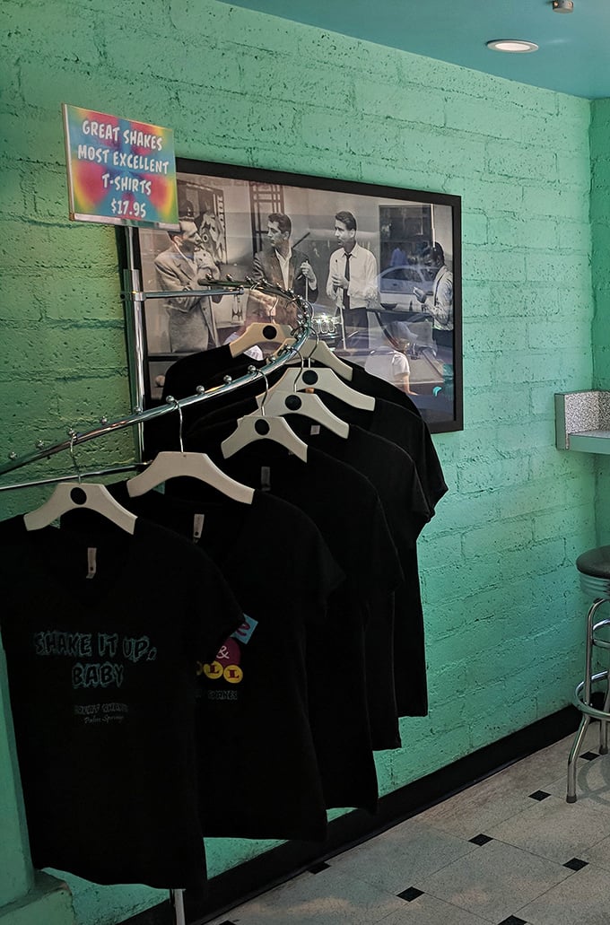 "Shake It Up, Baby" t-shirts hang ready for those who want to take home more than just memories of their milkshake epiphany.