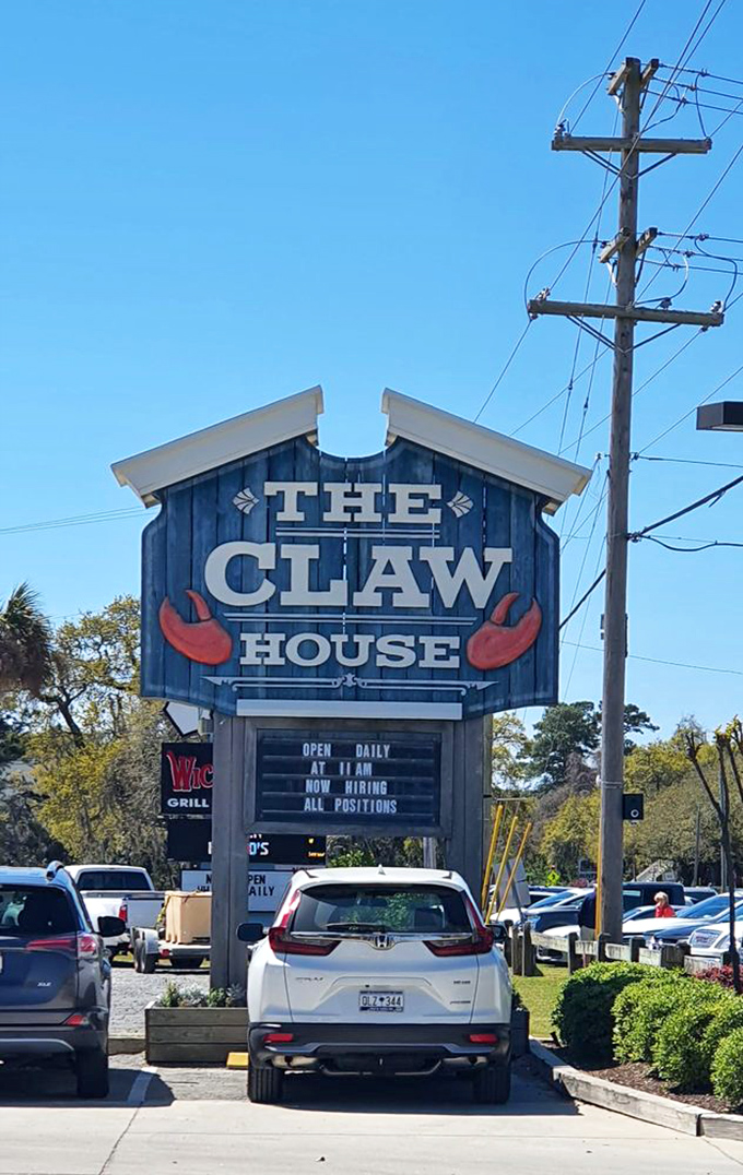 The roadside sign stands tall and proud, those red claws practically waving you in from Highway 17.