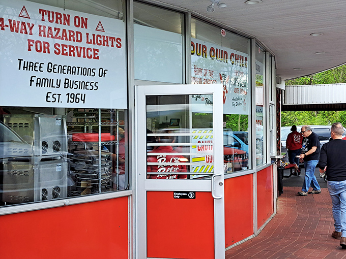 "TURN ON 4-WAY HAZARD LIGHTS FOR SERVICE"—a charming reminder that some traditions are worth preserving in our digital world.
