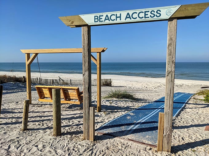 Beach access never looked so inviting. This swinging seat offers the perfect pause before your toes hit that legendary white sand.