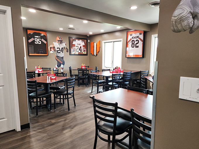 The dining room feels like your favorite uncle's den&mdash;if your uncle happened to be the world's biggest Browns fan with impeccable taste in tables.
