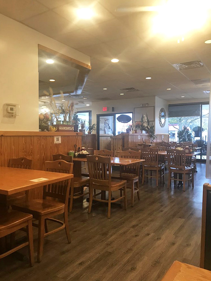 The dining room waits patiently between rushes, like a theater between acts&mdash;wooden chairs standing ready for the next round of breakfast enthusiasts.
