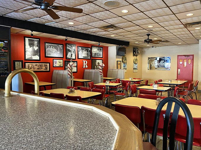 The dining room balances nostalgia and comfort with those vintage photos telling stories on the walls while you create new memories at the tables.