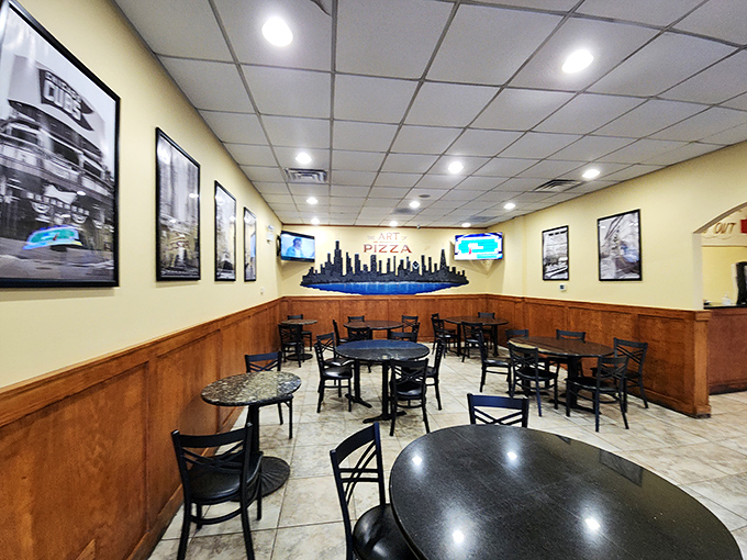 The dining room's wood paneling and Chicago skyline mural create that perfect neighborhood joint vibe &ndash; comfortable, unpretentious, and ready for pizza magic.