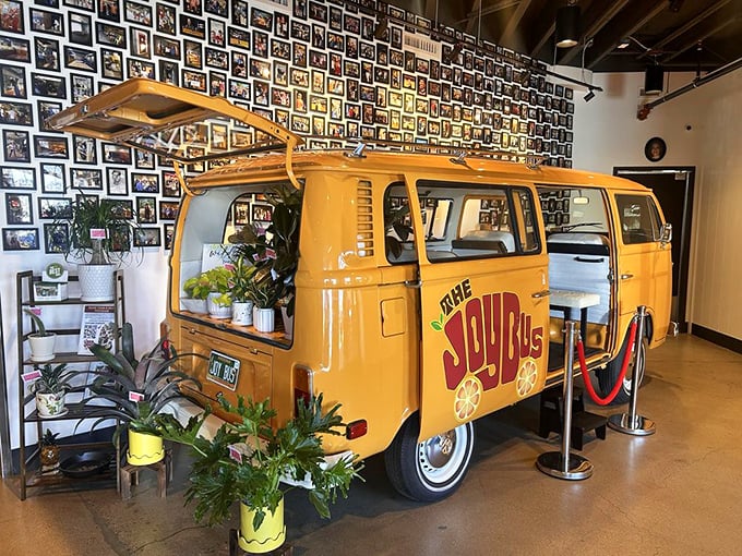 Inside, the iconic yellow bus serves as both art installation and mission statement&mdash;a reminder that joy is always the destination.