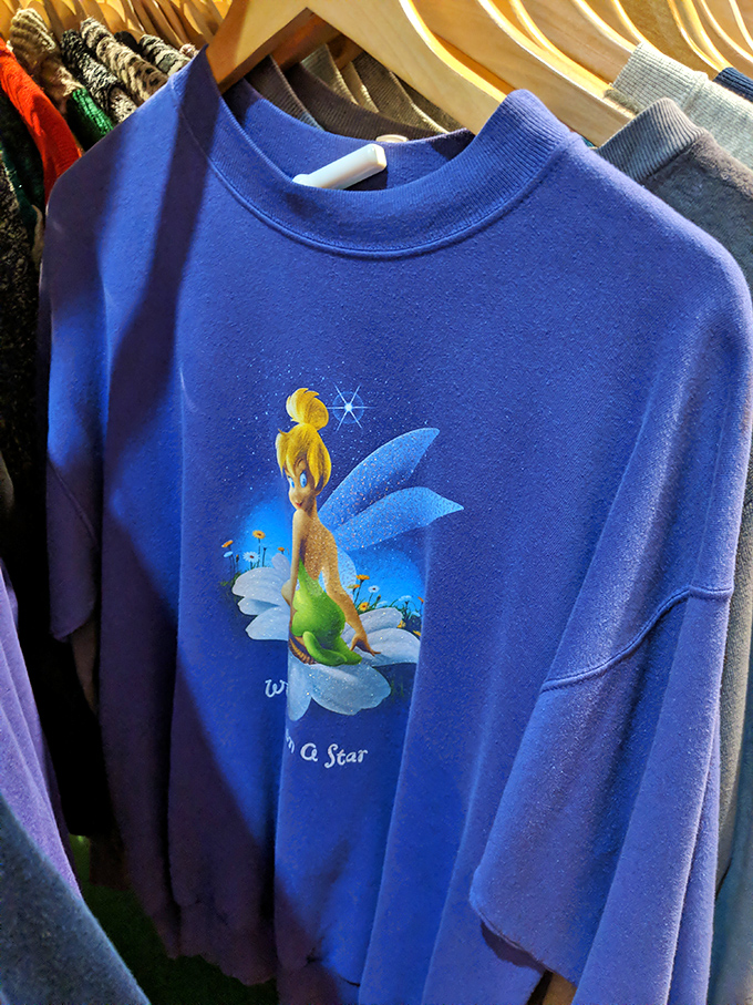 Tinkerbell perches on this blue sweatshirt like she's waiting to sprinkle pixie dust on your otherwise sensible wardrobe choices.