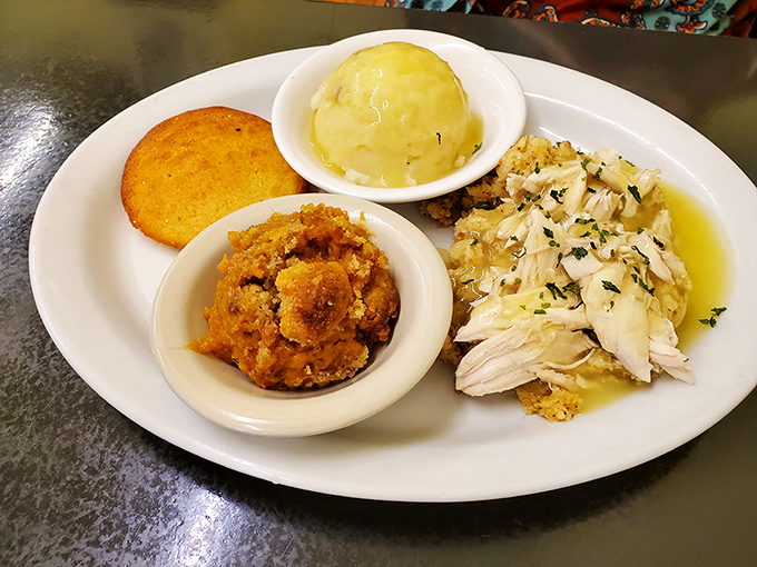 Southern comfort on a plate: tender turkey, sweet potato casserole, and cornbread&mdash;Thanksgiving doesn't have to wait for November here.