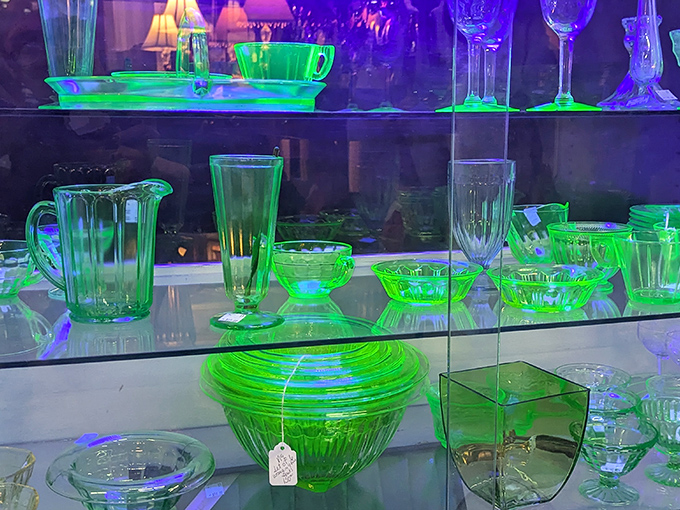 Uranium glass glowing with otherworldly charm. Dinner parties get instantly more interesting when your serveware looks radioactive.